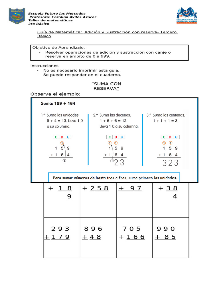 Adición y Sustracción Con Reserva 3ro | PDF