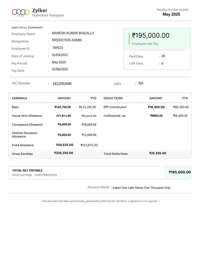 Zylker May 2025 Employee Payslip | PDF