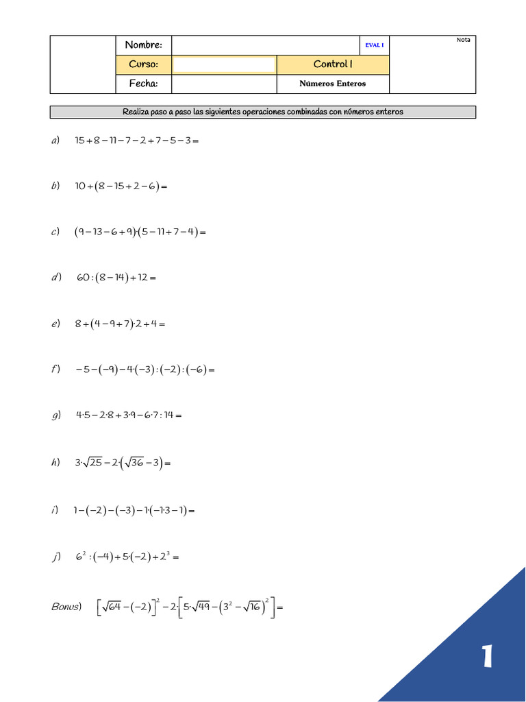 Control Numeros Enteros Matematicas 1o ESO | PDF