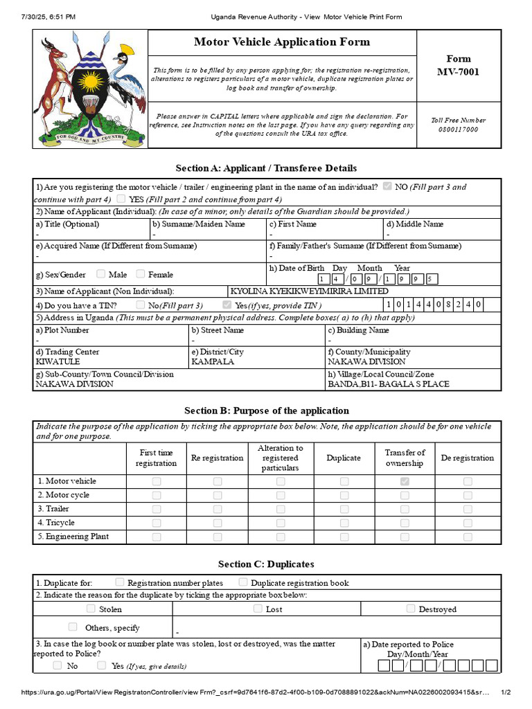 Motor Vehicle Application Form | PDF | Vehicle Registration Plate | Car