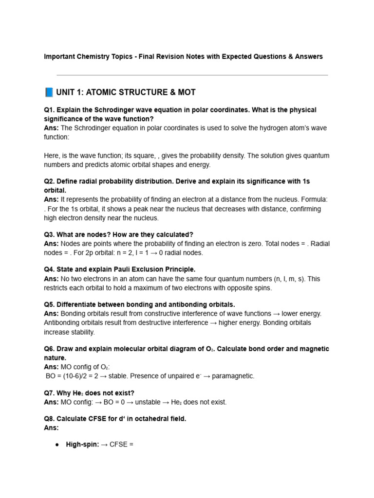 Important Chemistry Topics - Final Revision Notes With Expected ...