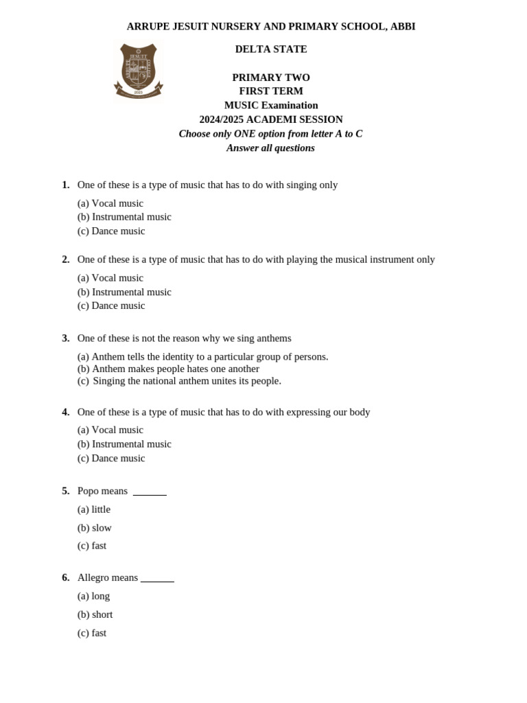 Music Examination For Primary 2 First Term | PDF | Performing Arts ...