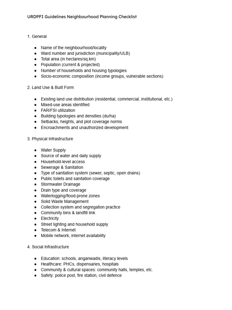 URDPFI Neighbourhood Planning Checklist | PDF | Sanitation | Infrastructure