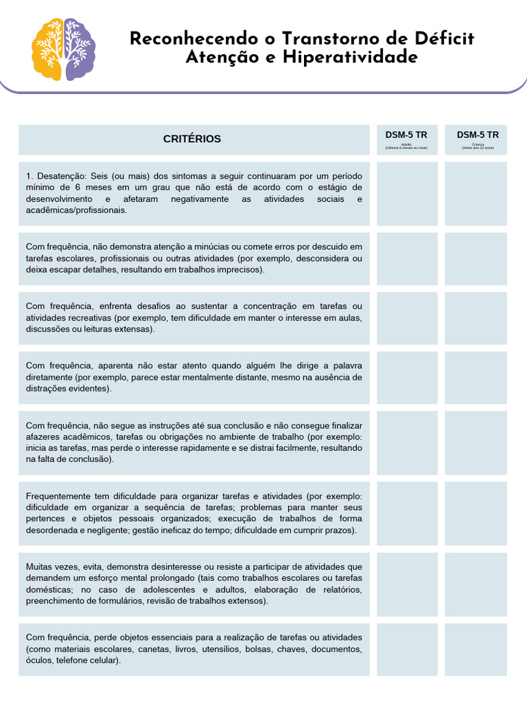 Critérios Diagnósticos do TDAH DSM-5-TR | PDF | Transtorno de déficit ...