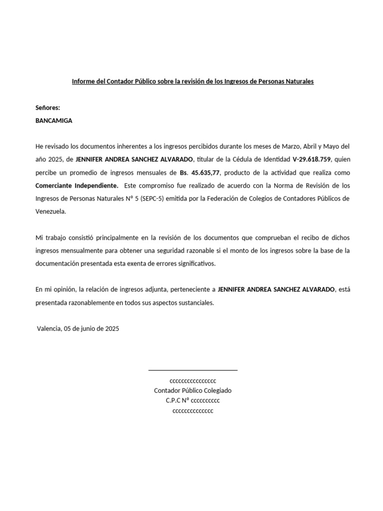 Certificacion de Ingresos JENNIFER | PDF | Contador | Estado financiero
