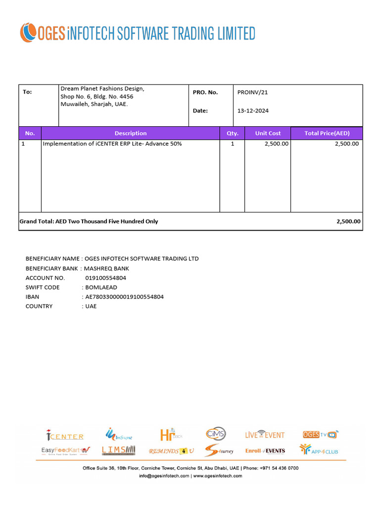 Proforma Invoice - Adv 50% Dream Planet | PDF