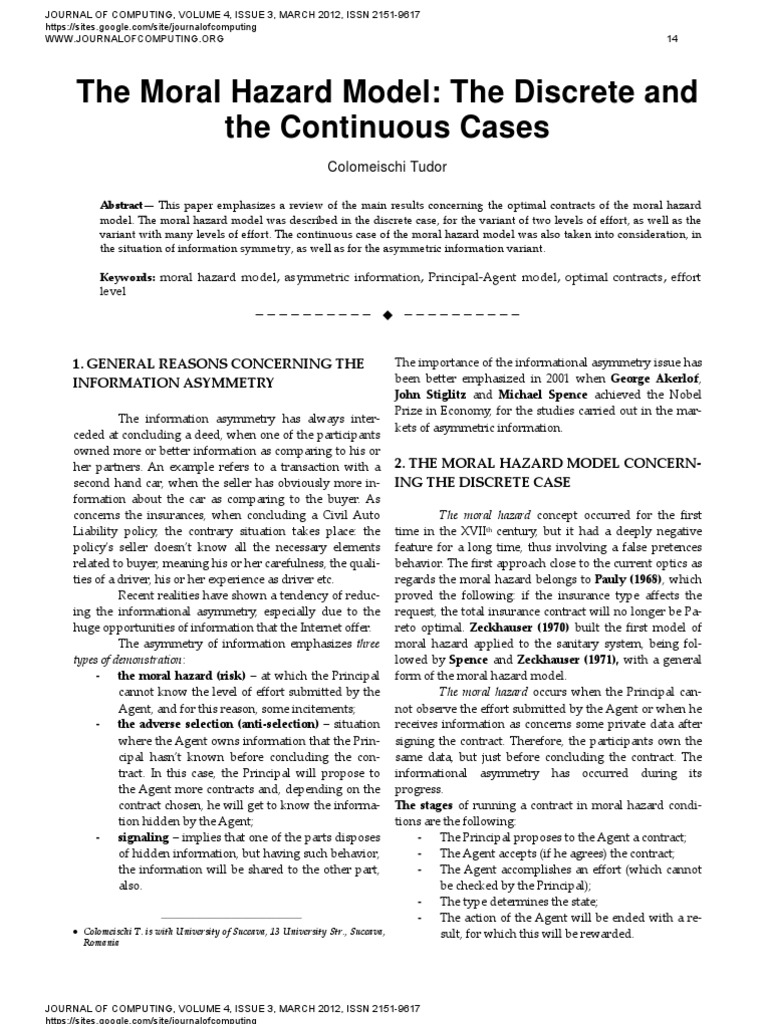 The Moral Hazard Model: The Discrete and the Continuous Cases | Moral ...