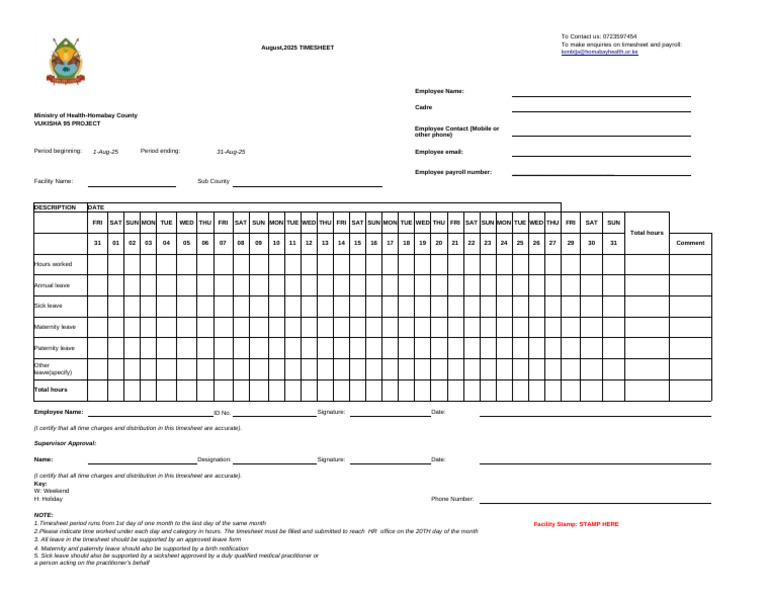 Timesheet Template For August 2025 | PDF | Working Time | Employment ...