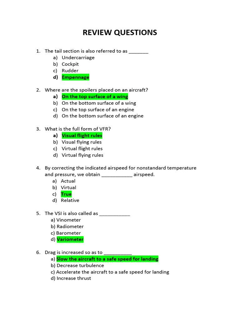 Review Questions With Answers | PDF | Flight Control Surfaces | Aileron