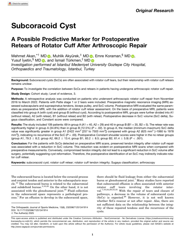 Subcoracoid Cyst and Rotator Cuff Retears | PDF | Shoulder ...