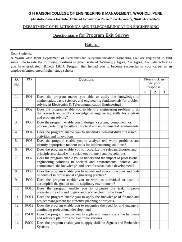 E&TC Program Exit Survey for Graduates | PDF | Engineering