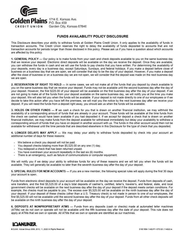 Funds Availability Notice | PDF | Deposit Account | Transaction Account