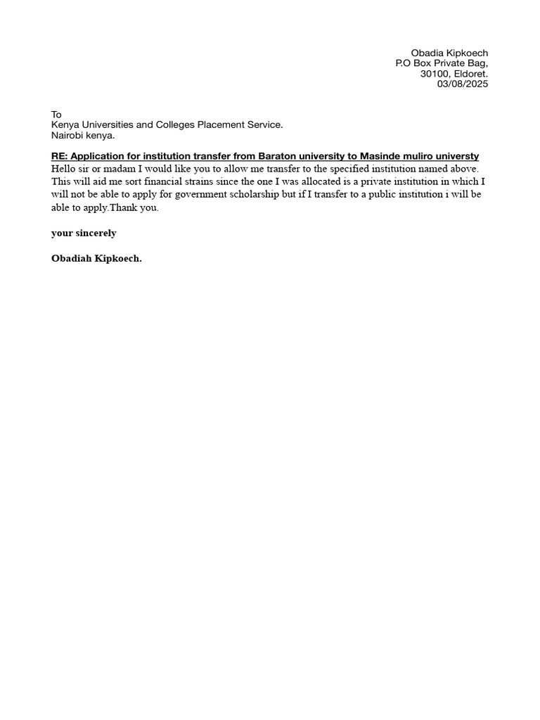 Obadia Kuccps Transfer Application PDF | PDF