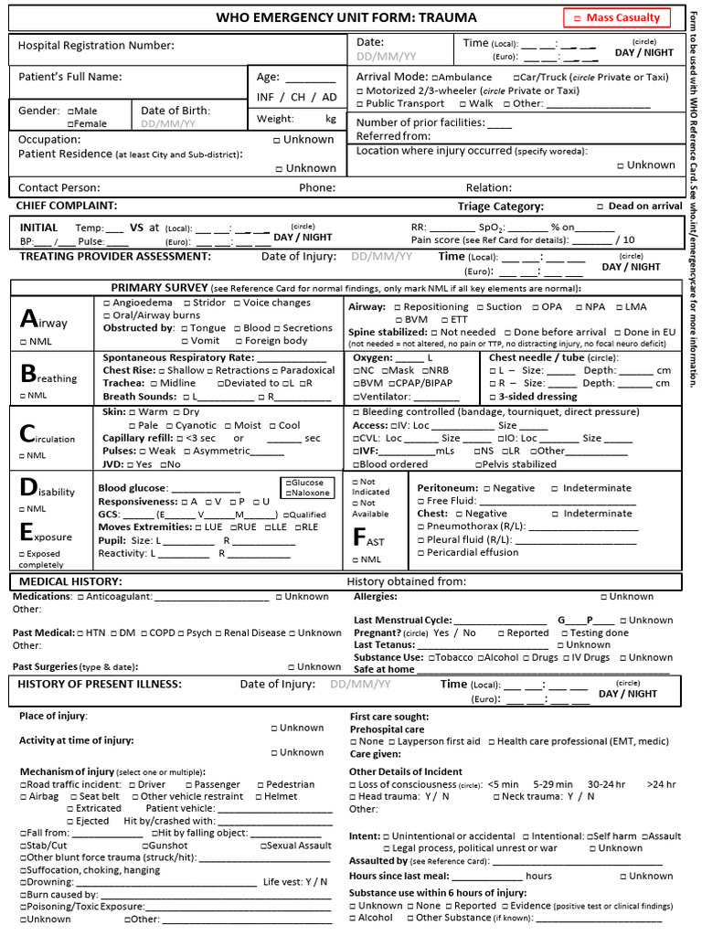 WHO Trauma Intake Form - Ethiopia | PDF | Diseases And Disorders | Medicine