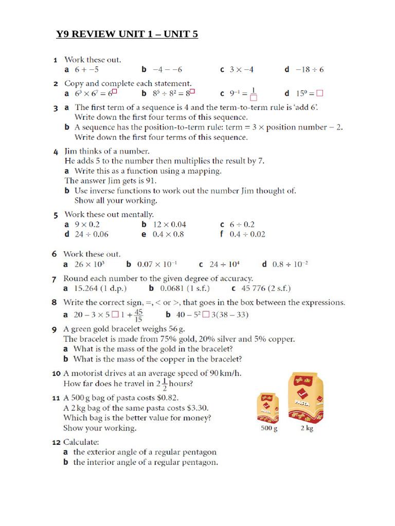 Y9 Practice Unit 1 - Unit 5 Test 1 | PDF