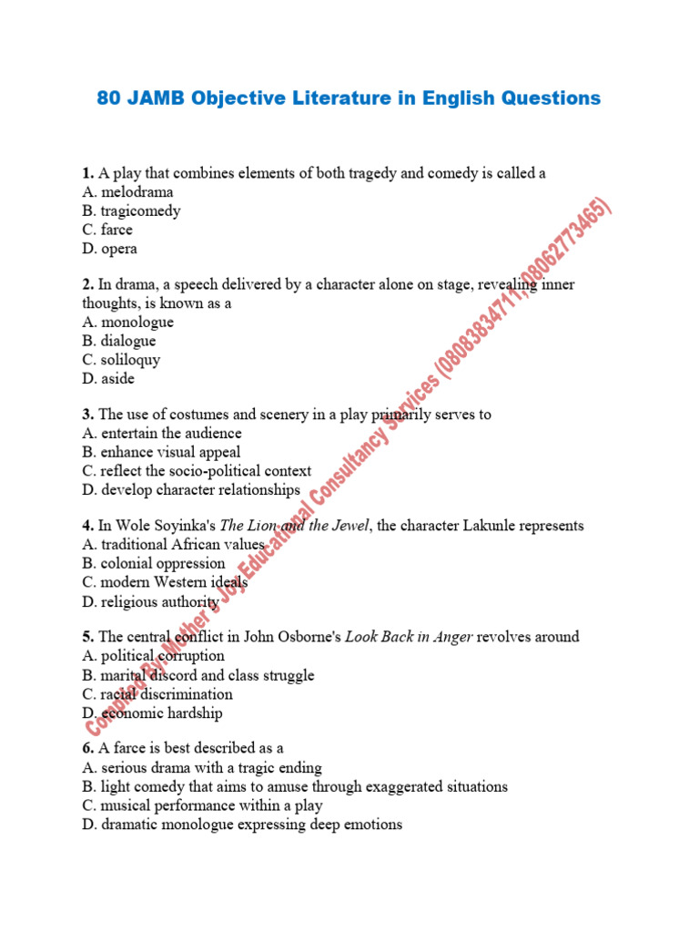 JAMB Objective Questions on Literature | PDF | Poetry | Wuthering Heights