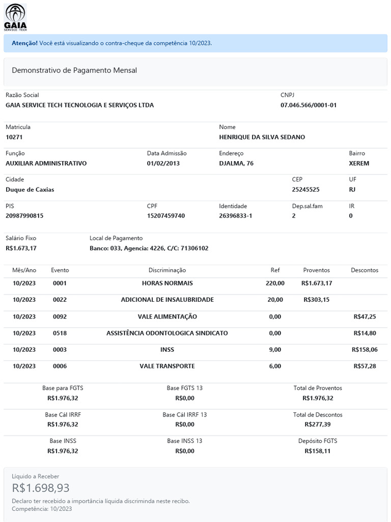 Contra-Cheque Outubro 2023 - GAIA SERVICE | PDF | Politica Social | Bem ...
