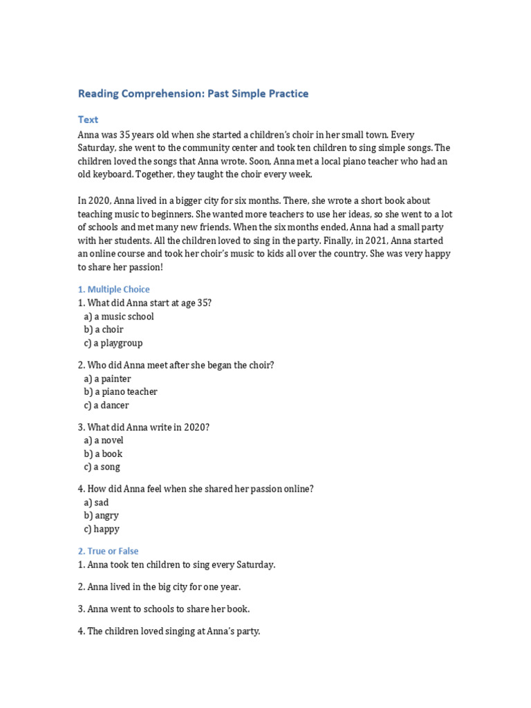 Reading Comprehension Past Simple A1 | PDF