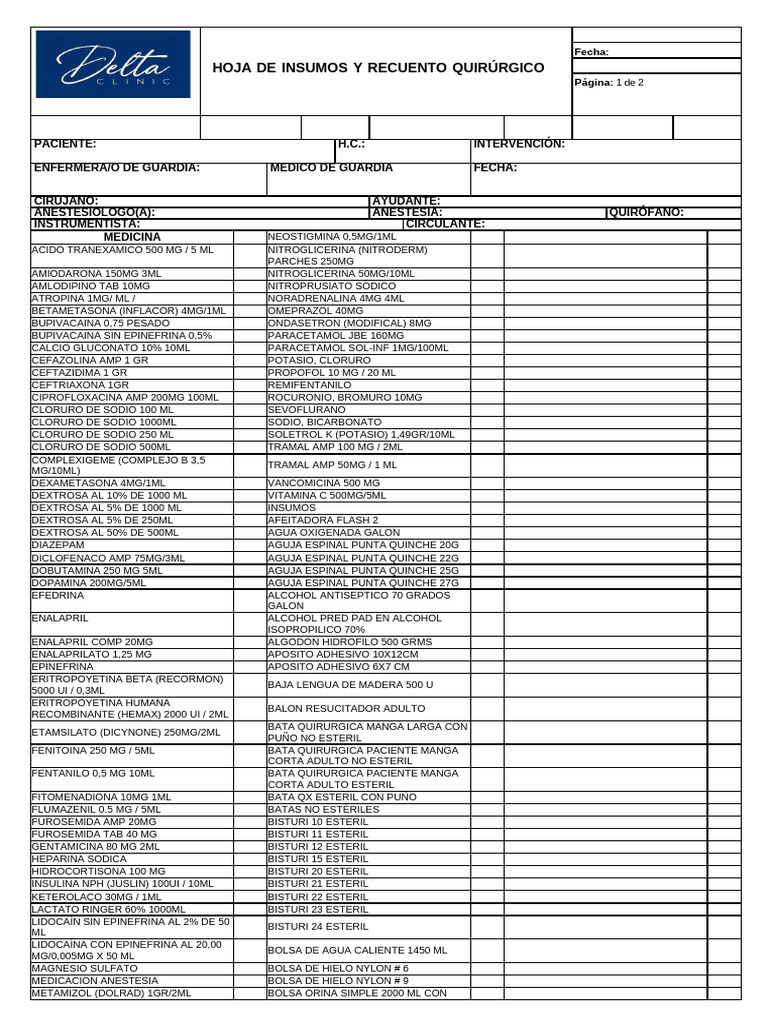 Insumos y Recuento Quirúrgico Detallado | PDF | Sustancias químicas