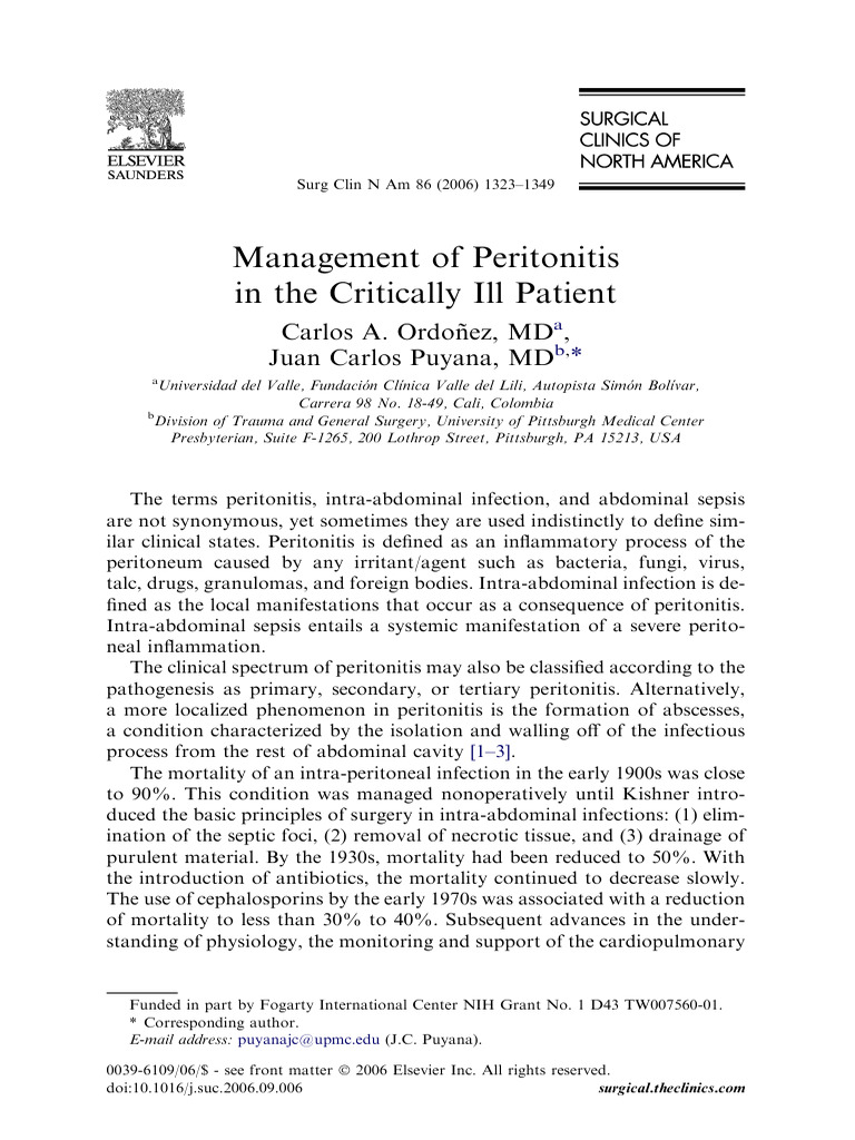 Management of Peritonitis in The Critically Ill Patient | PDF | Peritoneum | Sepsis