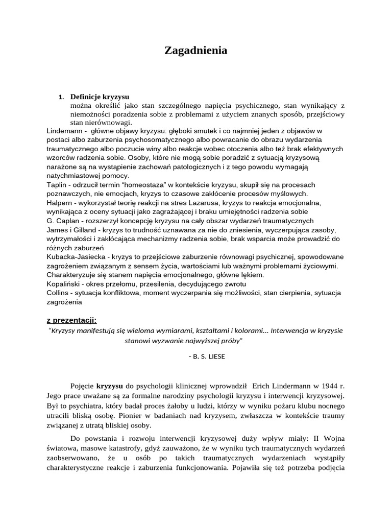 Egzamin Interwencja Kryzysowa Zagadnienia | PDF