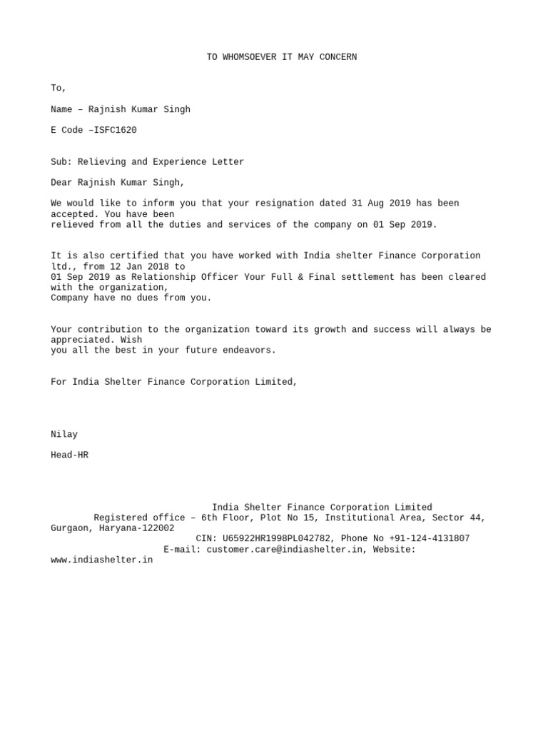 Relieving and Experience Letter for Rajnish | PDF