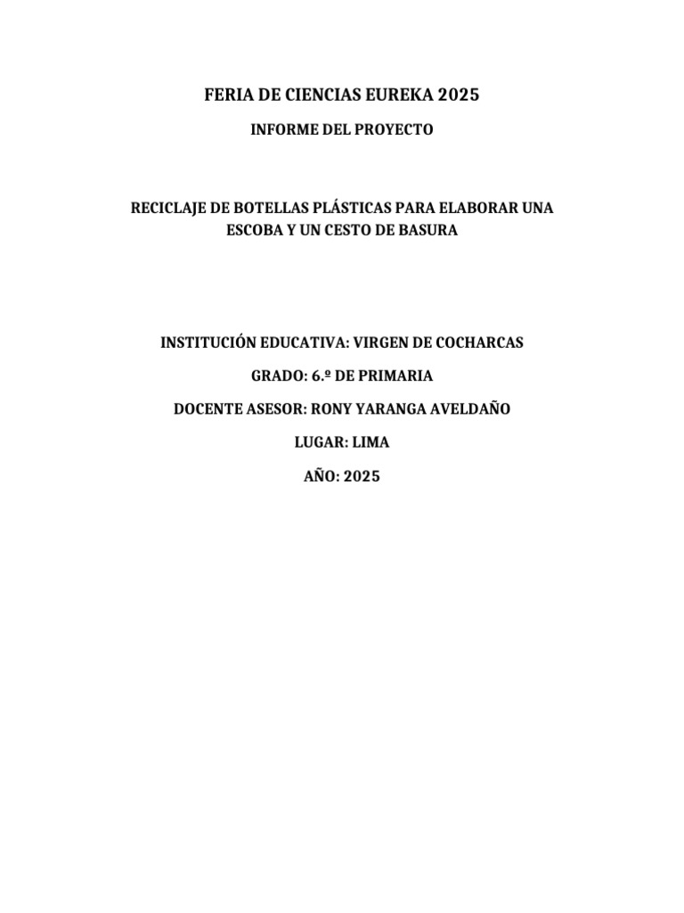 Informe Proyecto Eureka 2025 | PDF | Residuos | El plastico