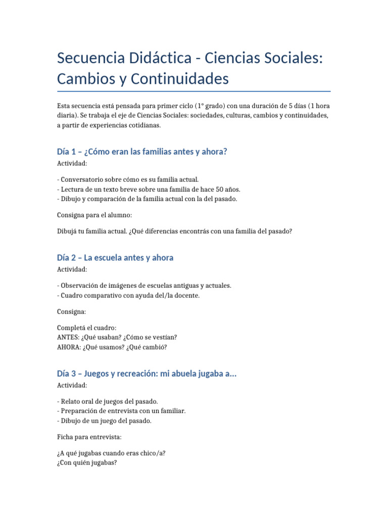 Secuencia Didáctica: Cambios Sociales 1° Grado | PDF
