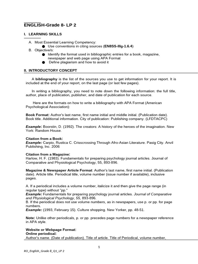 APA Citation Guide for Grade 8 | PDF | Plagiarism | Publishing