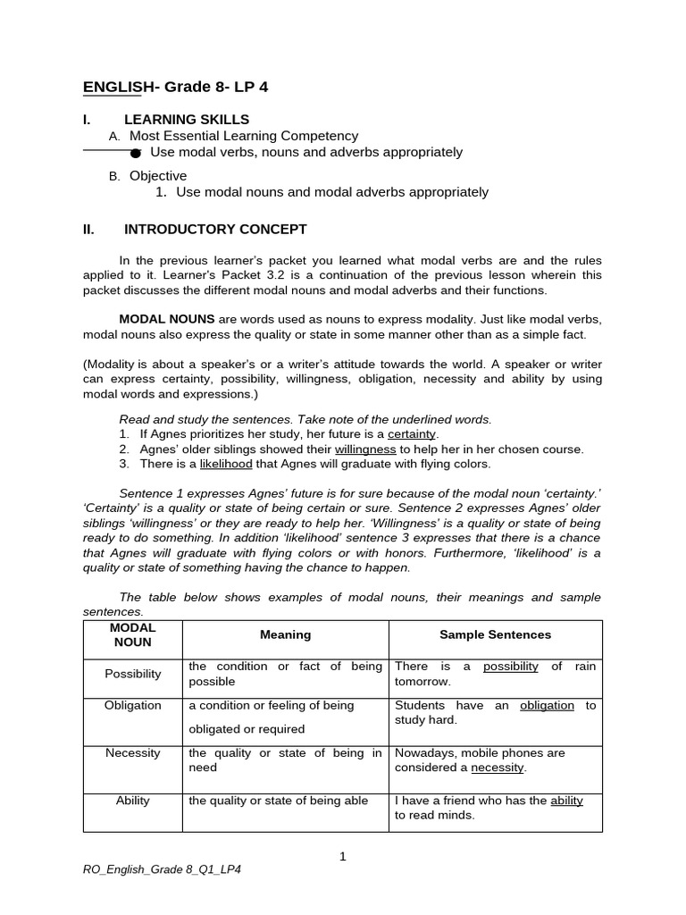 English Grade 8 Q1 LP4 | PDF | Adverb | Verb