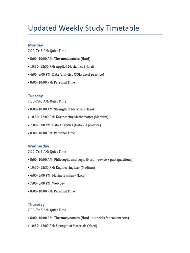 Updated Weekly Study Timetable | PDF