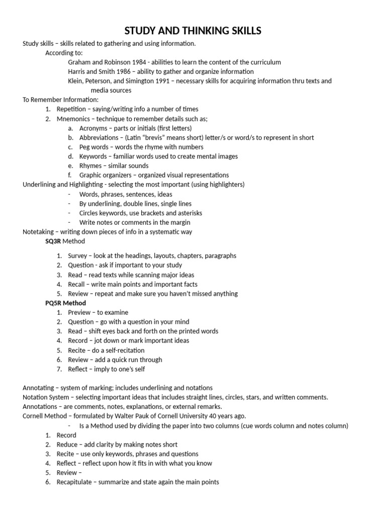 Study and Thiking Skills | PDF | Psychological Concepts | Neuroscience
