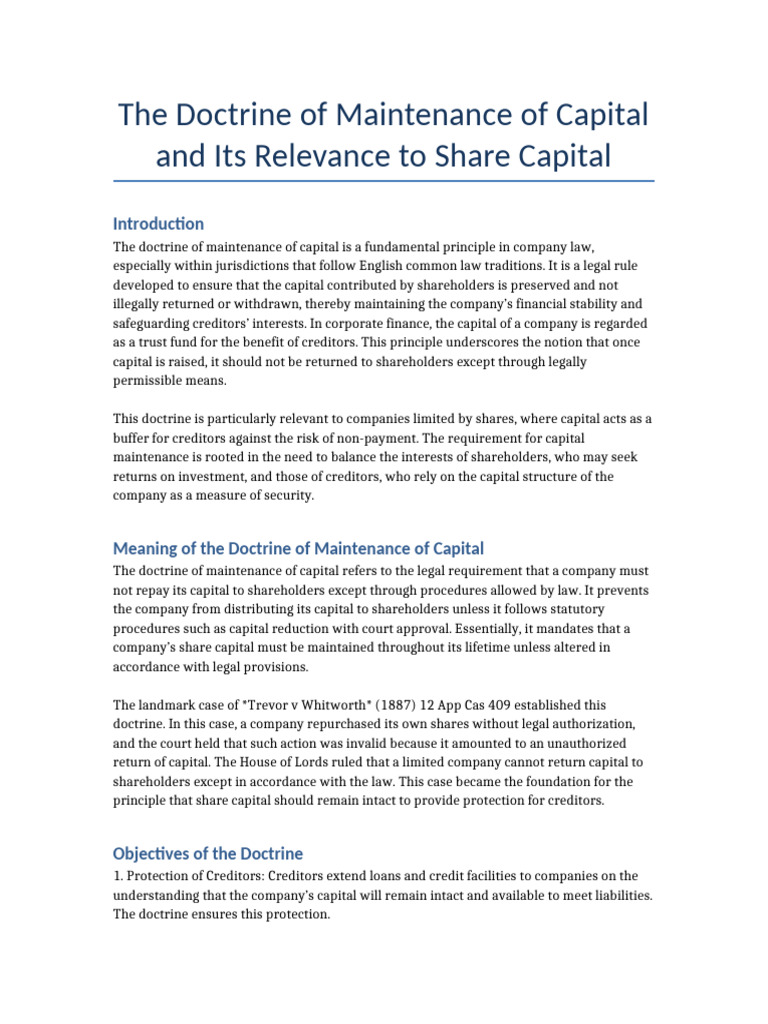 Maintenance of Capital in Company Law | PDF | Share Repurchase | Dividend