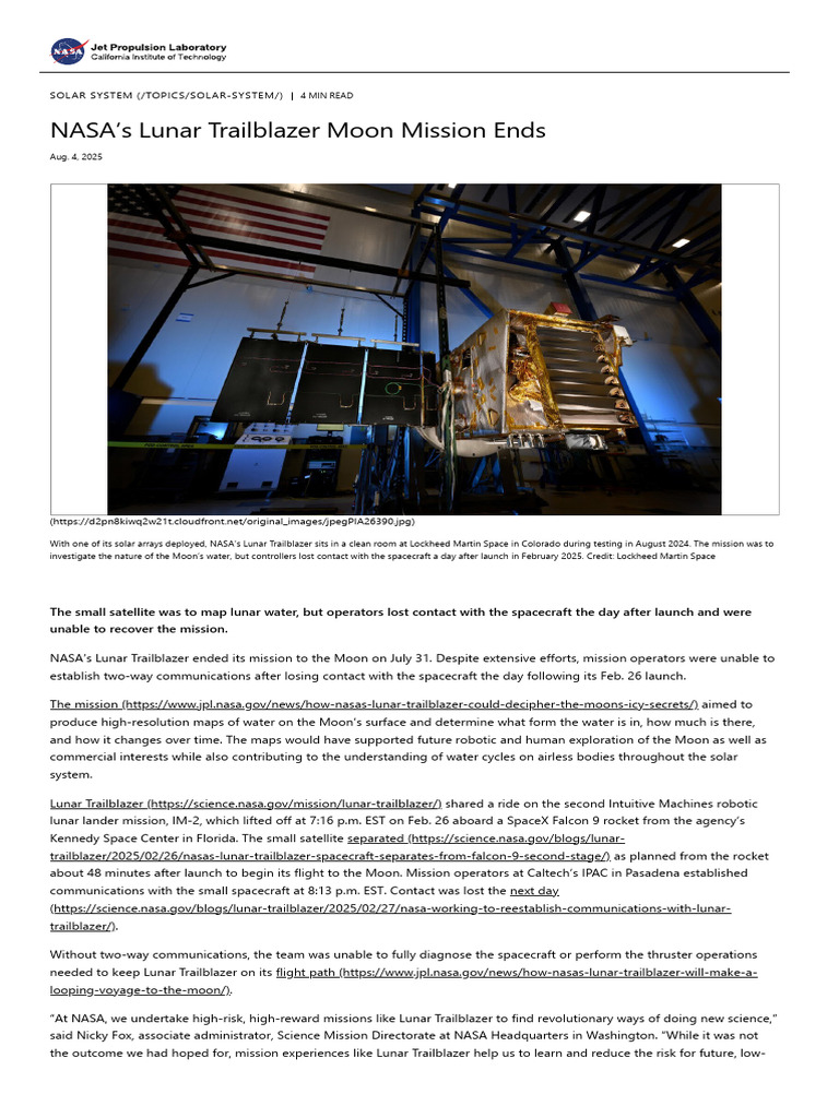 NASA's Lunar Trailblazer Moon Mission Ends - NASA Jet Propulsion Laboratory (JPL) | PDF | Nasa ...