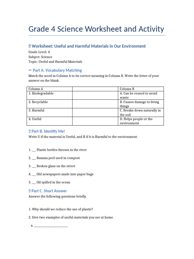 Grade 4 Science Worksheet Useful and Harmful Materials | PDF