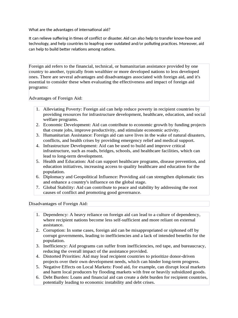 Advantages and Disadvantages of Foreign Aid | PDF | Aids | Humanitarian Aid