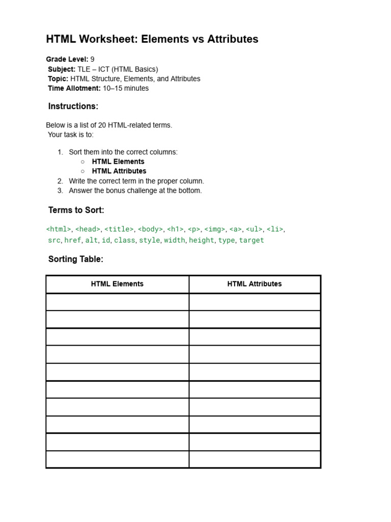 HTML Worksheet | PDF