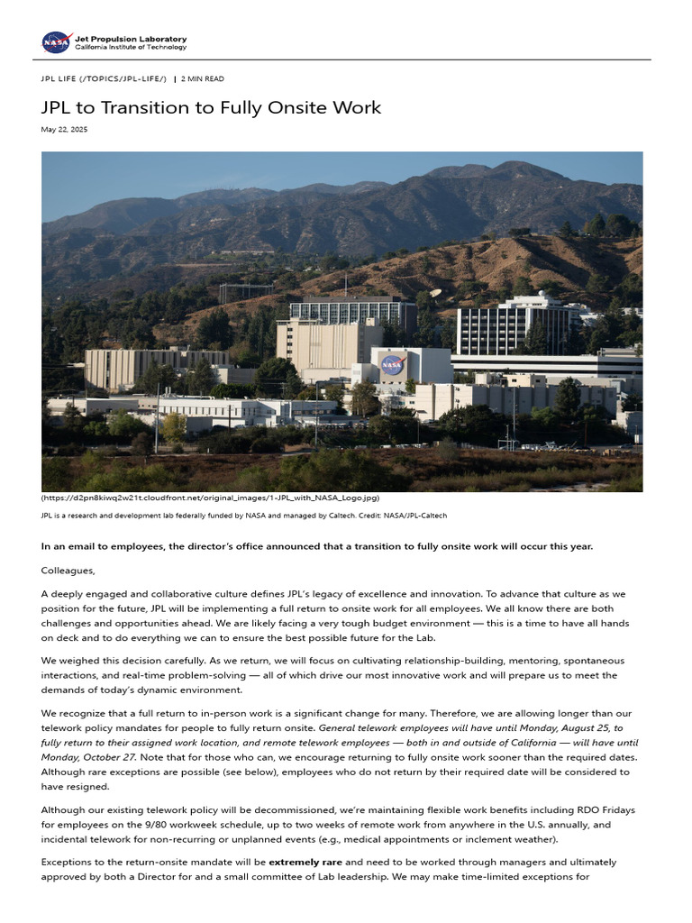 JPL To Transition To Fully Onsite Work - NASA Jet Propulsion Laboratory ...