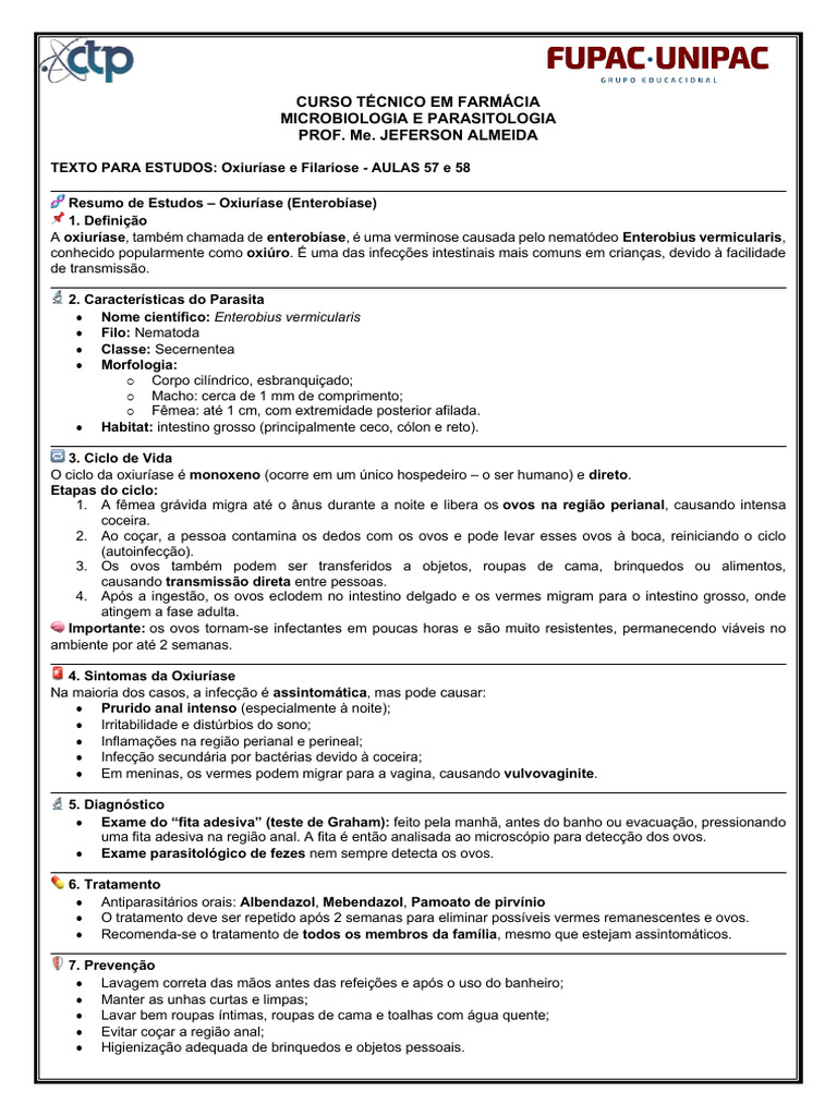 Oxiuríase e Filariose: Estudo Completo | PDF | Especialidades médicas ...