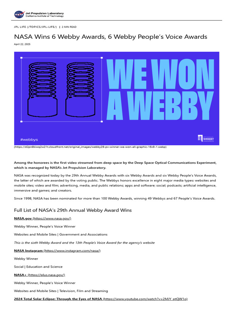 NASA Wins 6 Webby Awards, 6 Webby People’s Voice Awards _ NASA Jet Propulsion Laboratory (JPL ...