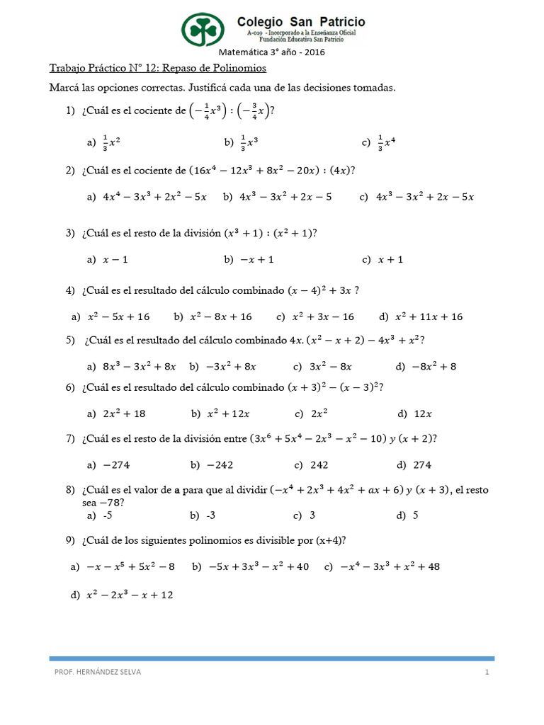 Trabajo PR Ctico No 12 Repaso Polinomios | PDF