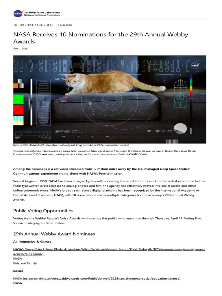 NASA's Cat Video Nominated for Webby Award | PDF | Nasa | Jet ...