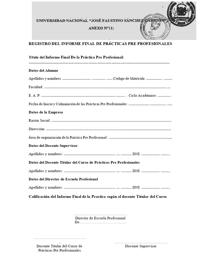 Registro Del Informe Final de PR Cticas Pre Profesionales | PDF