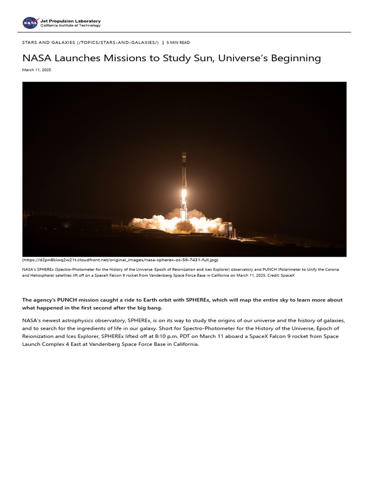 NASA Launches Missions To Study Sun, Universe's Beginning - NASA Jet ...