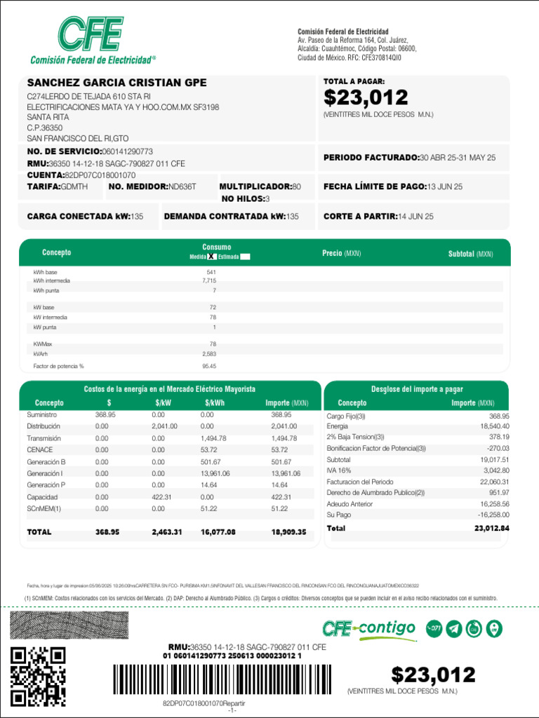 Factura de Energía Eléctrica CFE 2025 | PDF | Electricidad | Cantidades ...