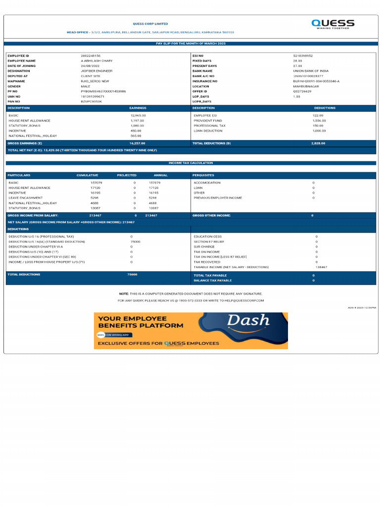 A Abhilash Chary March 2025 Salary Slip - March-2025 | PDF