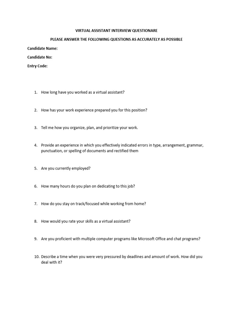 Virtual Assistant Interview Questionaire | PDF