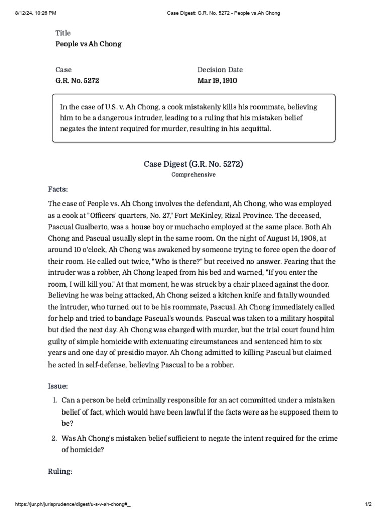 Case Digest G.R. No. 5272 People Vs Ah Chong | PDF | Acquittal | Public Law
