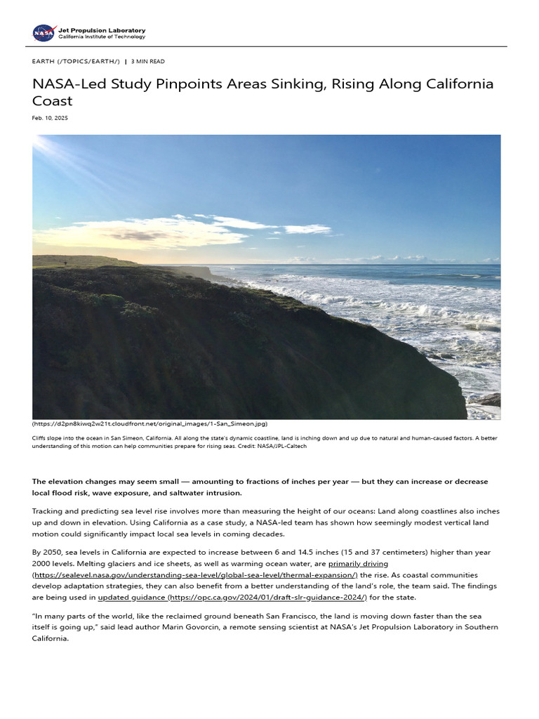 NASA-Led Study Pinpoints Areas Sinking, Rising Along California Coast ...