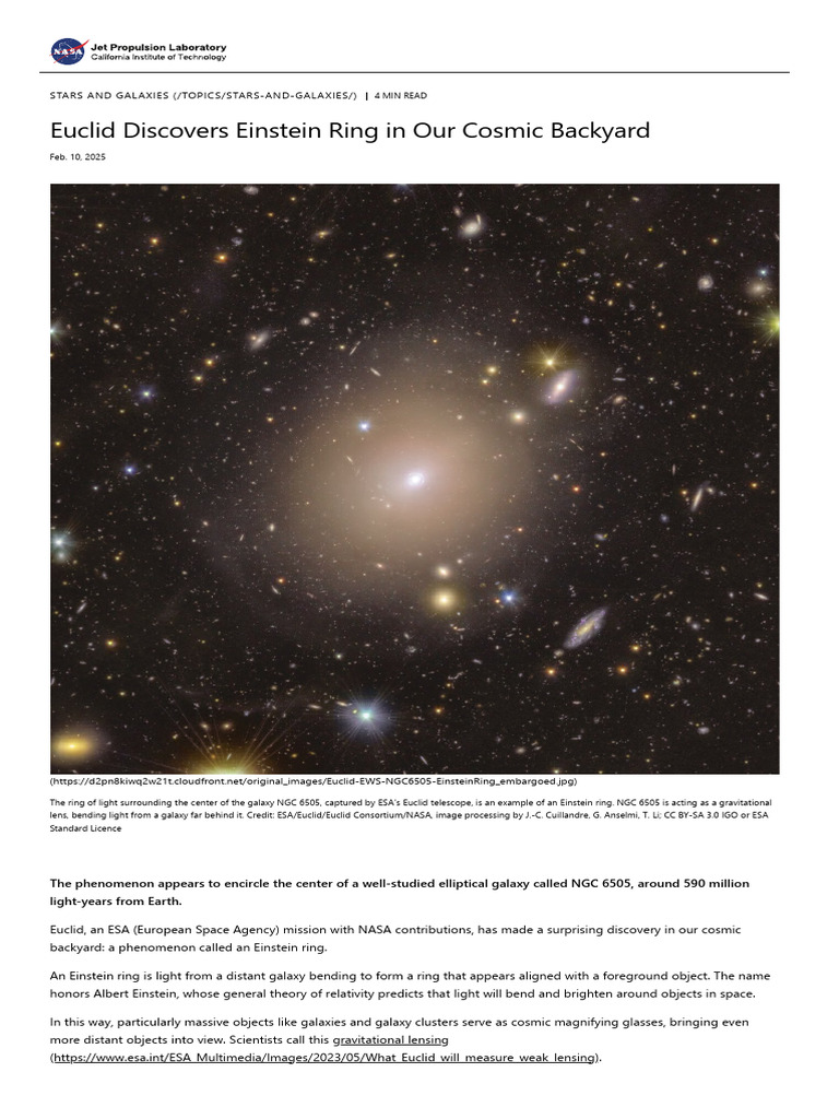 Euclid Discovers Einstein Ring in Our Cosmic Backyard - NASA Jet ...